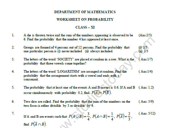 CBSE Class 11 Mathematics Probability Worksheet Set A